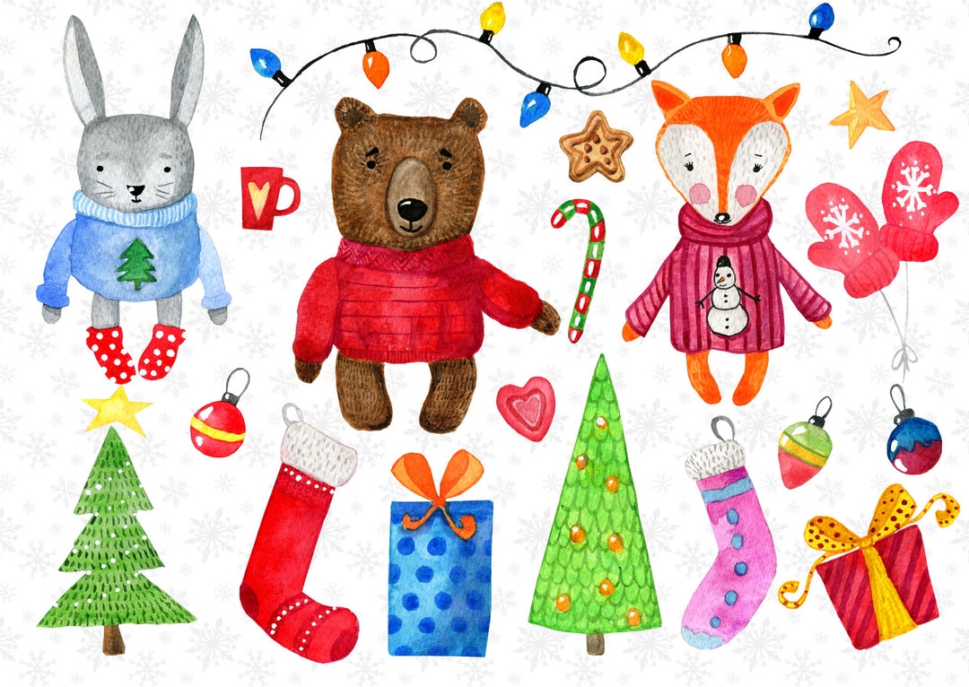Christmas Woodland Animals Watercolor Clipart. Fox, Rabbit, Bear ...
