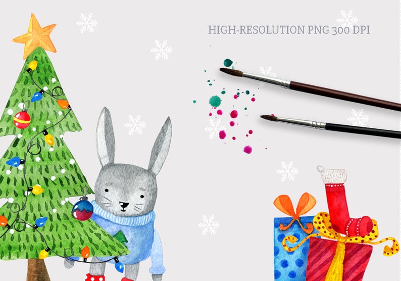 Christmas Woodland Animals Watercolor Clipart. Fox, Rabbit, Bear ...