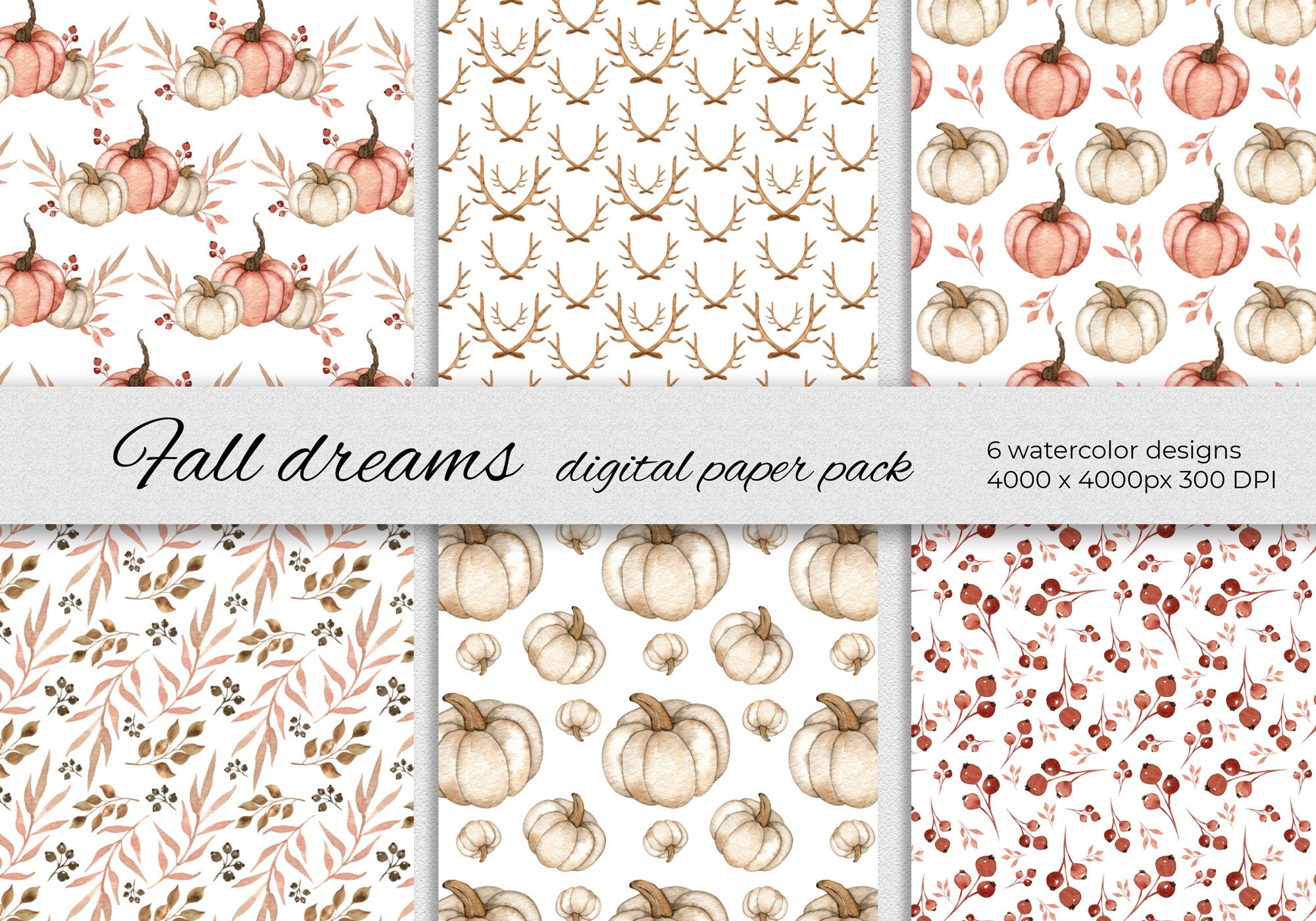 Fall Dreams Digital Papers. Set of 6 Watercolor Autumn Designs With ...