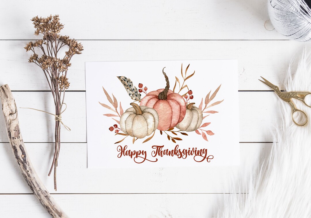 PRINTABLE Thanksgiving Card. Watercolor Pumpkins and Fall Leaves Card ...
