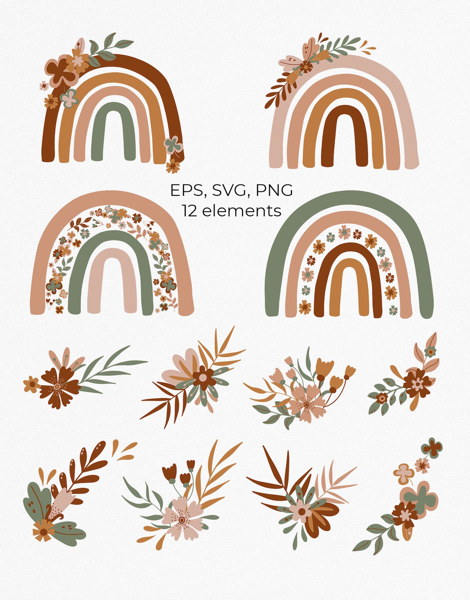 Boho Rainbow Floral Clipart Set, Natural Colors, Pastel Dusty Green ...