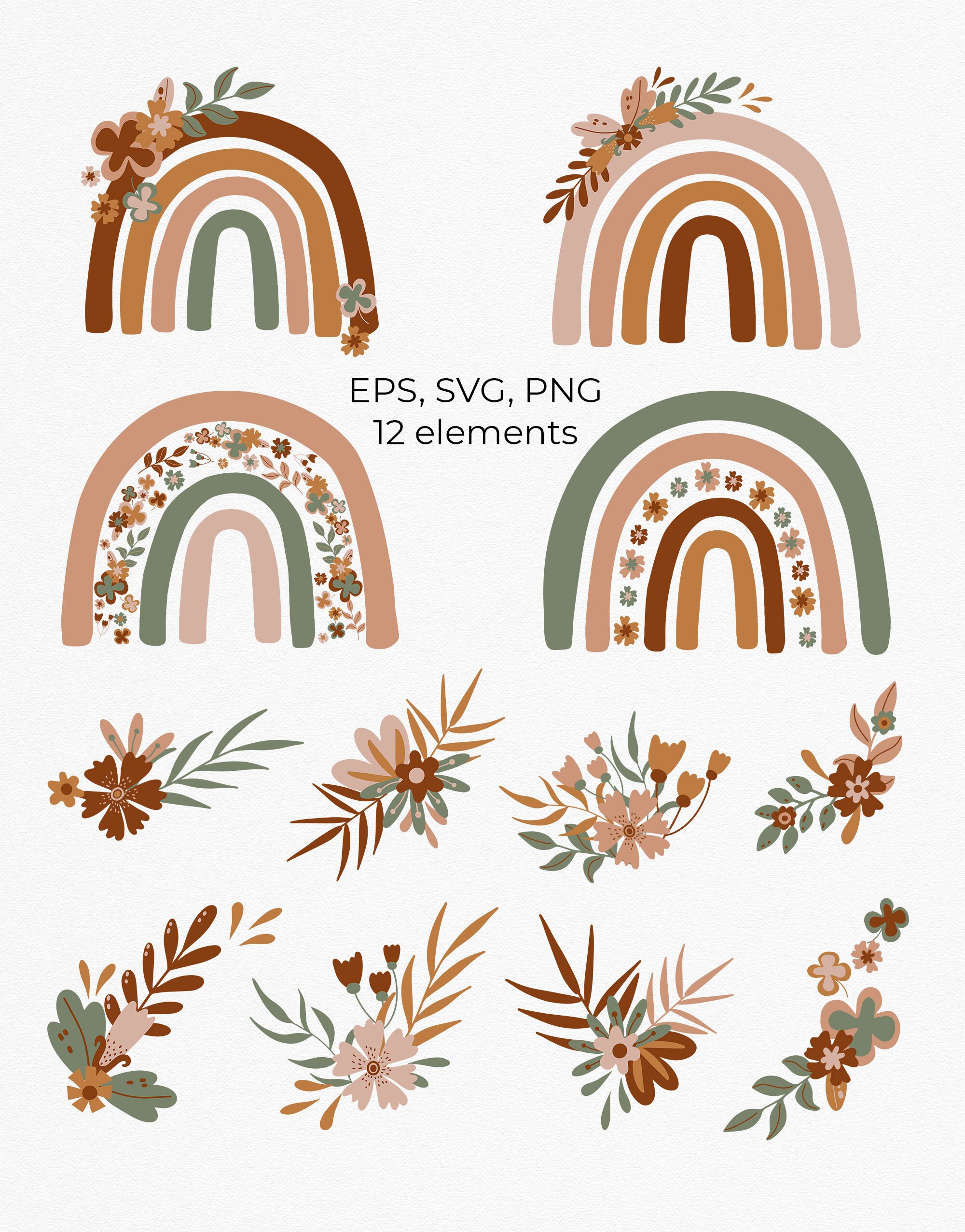 Boho Rainbow Floral Clipart Set, Natural Colors, Pastel Dusty Green ...