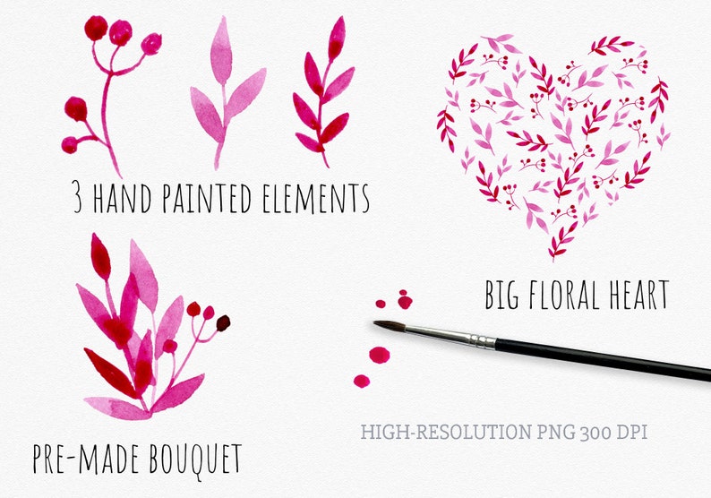 Love Heart Clipart for Valentine's Day and Wedding. Pink Floral Heart ...