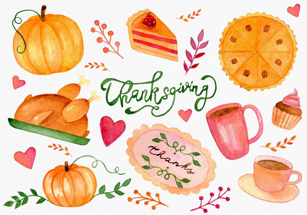 Thanksgiving Watercolor CLIPARTS. Pumpkin, Cake, Turkey, Cupcakes ...