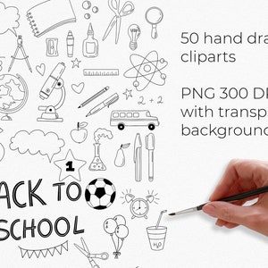 Back to SCHOOL Sign and Supplies Clipart, Hand Drawn Doodle PNG Design ...