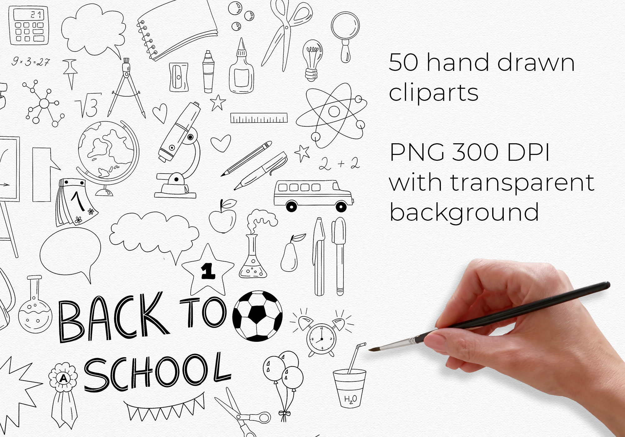 Back to SCHOOL Sign and Supplies Clipart, Hand Drawn Doodle PNG Design ...