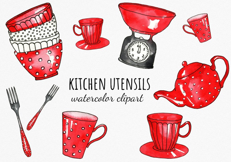 Cliparts rouges d’aquarelle de vaisselle. Ustensiles de cuisine PNG ...