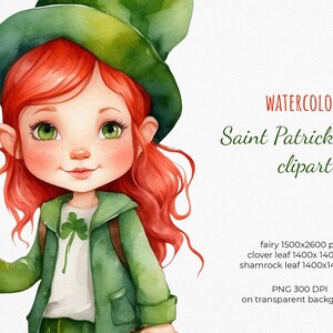 Saint Patricks Day Watercolor Clipart. Red Hair Fairy, Irish Shamrock ...
