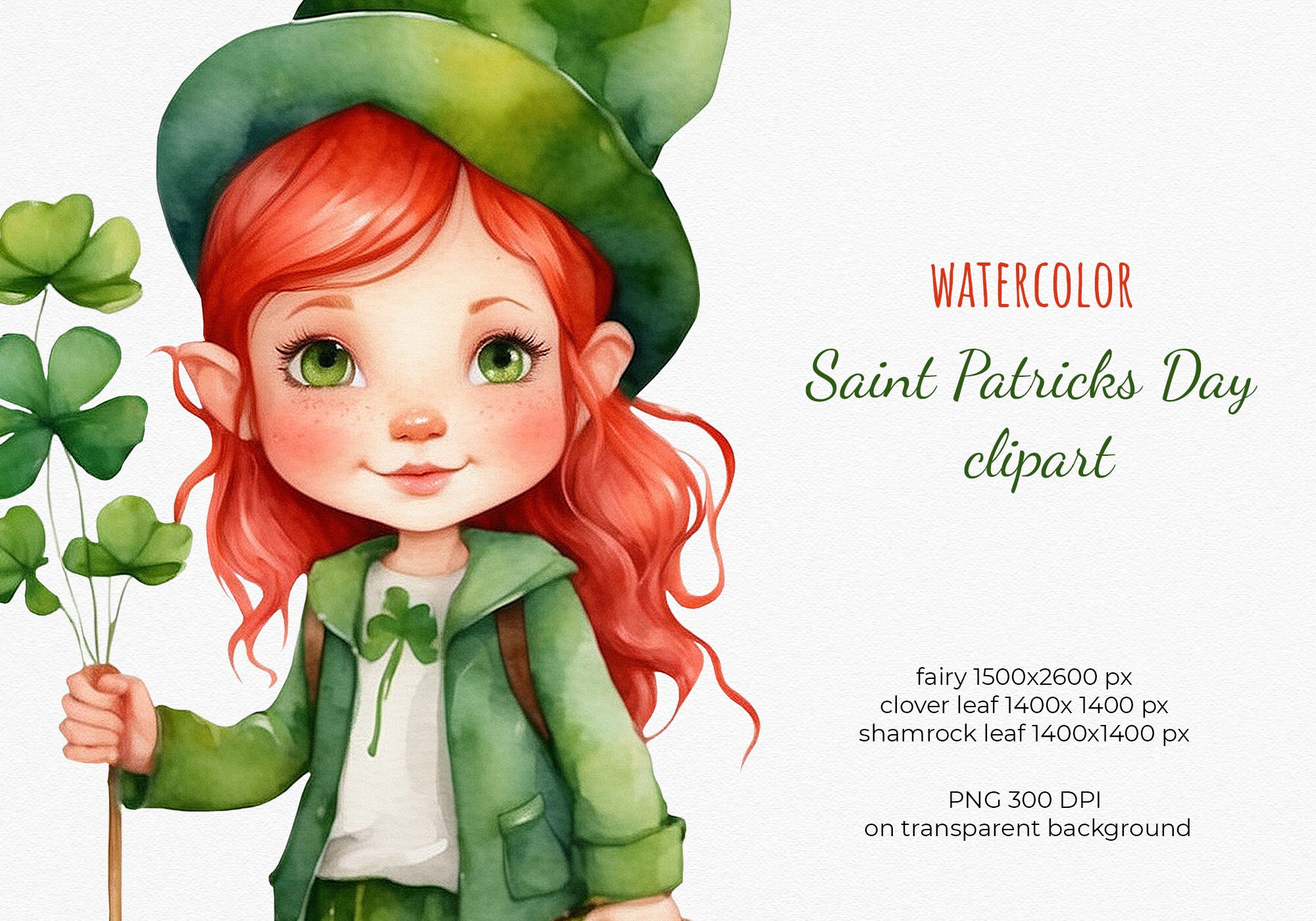 Saint Patricks Day Watercolor Clipart. Red Hair Fairy, Irish Shamrock ...