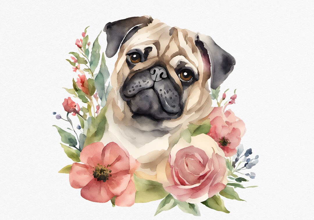 Floral Pug Clipart, 1 PNG, Nursery Art, Card Making, Pug DIY, Clip Art ...