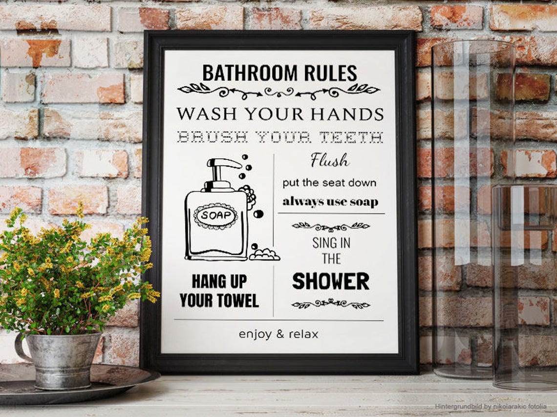 Bathroom Rules Printable Illustration Digital, Bathroom Decor JPG ...