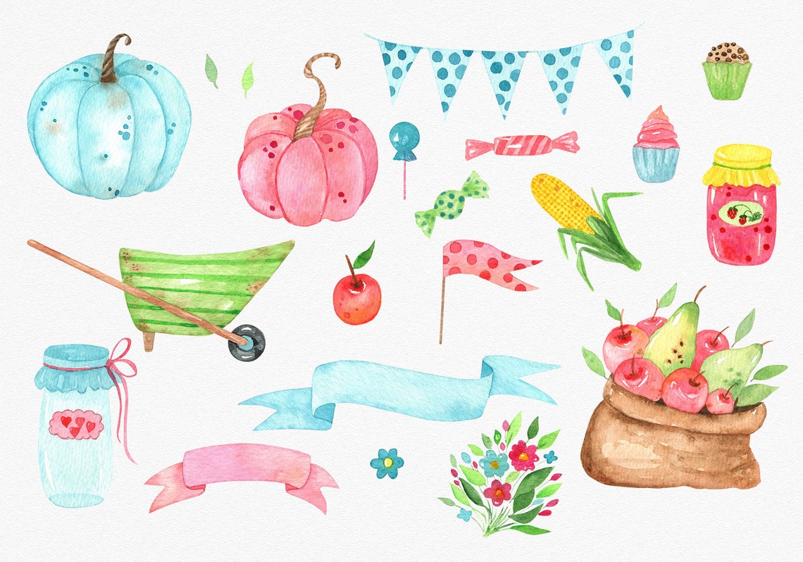 Sweet Fall Clipart. Watercolor Pink and Blue Pumpkins Apples - Etsy