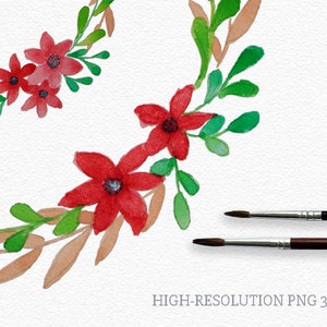 Red Flowers Watercolor Wreath Clipart. Hand Painted Red Green Wreath ...