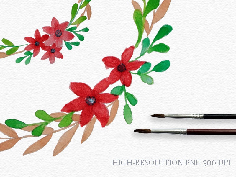 Red Flowers Watercolor Wreath Clipart. Hand Painted Red Green Wreath ...