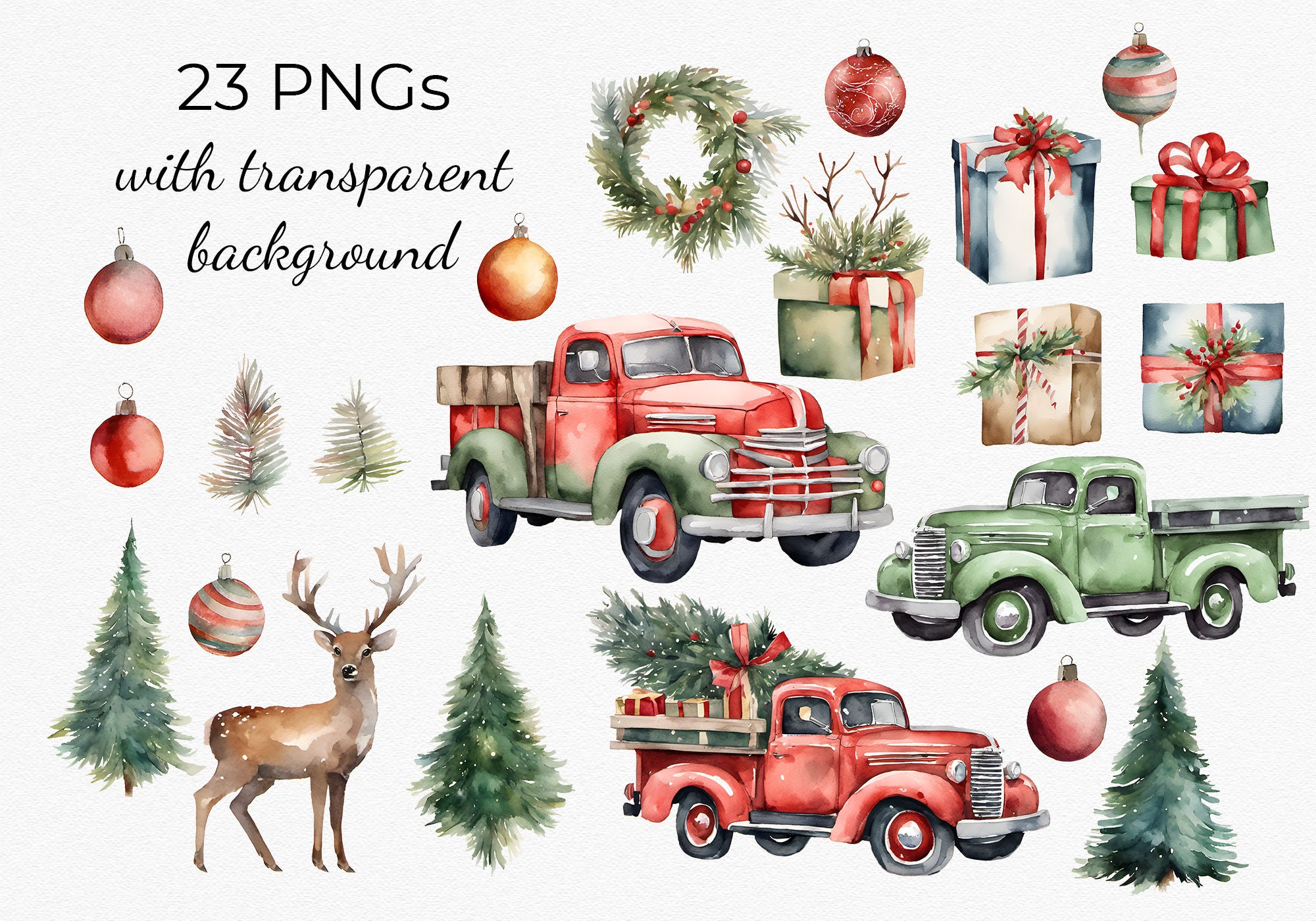 Watercolor Retro Christmas Trucks, Gifts, Trees and Balls Clipart PNG ...