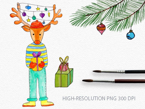 Christmas Woodland Animals Clipart. Hand Painted Watercolor Children ...