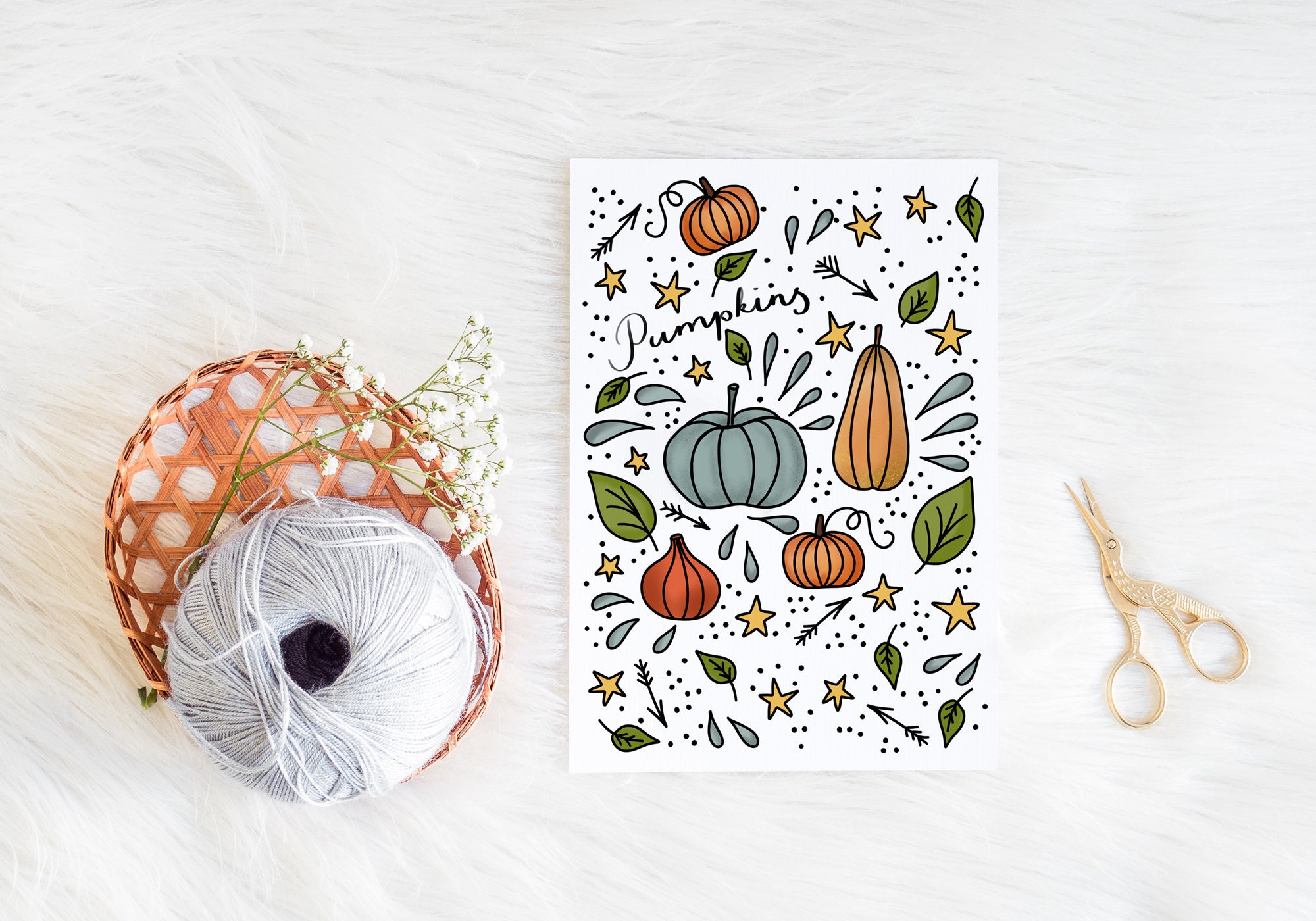 Fall Greeting Card, Printable Card, Pumpkin Farm Doodles Card, Pumpkins ...