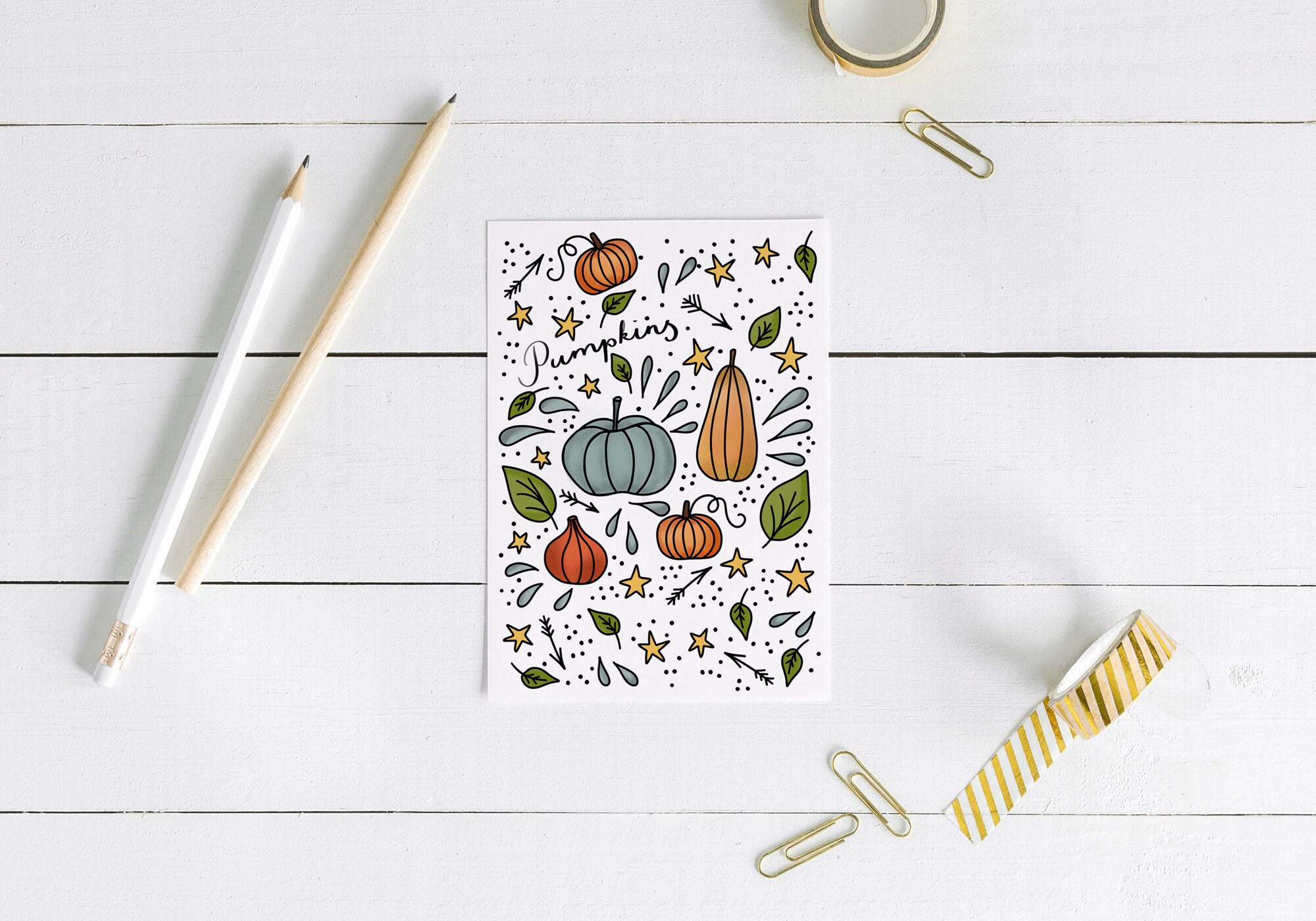 Fall Greeting Card, Printable Card, Pumpkin Farm Doodles Card, Pumpkins ...