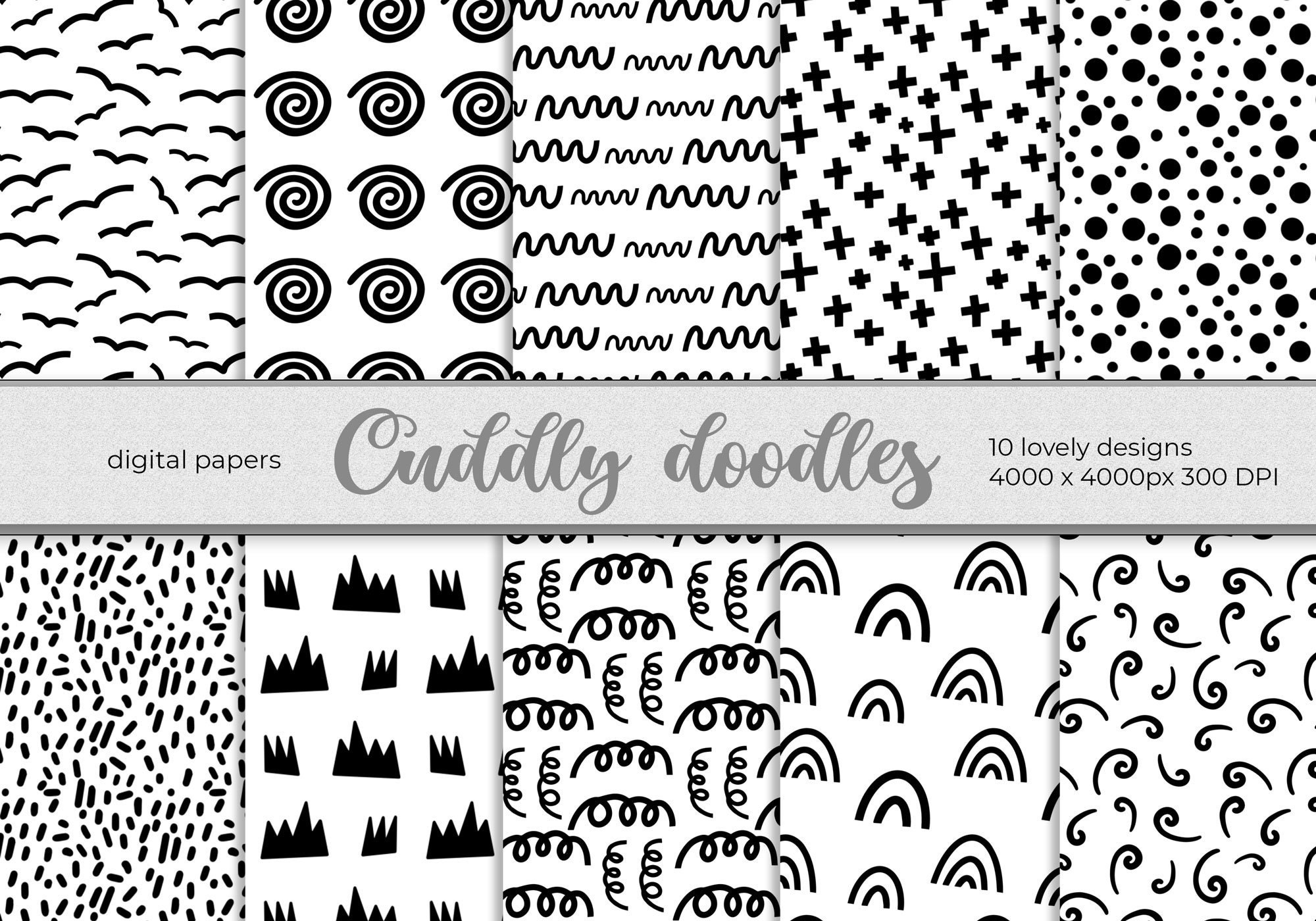Cuddly Doodles Papers. Set of 10! Digital Papers Black and White ...