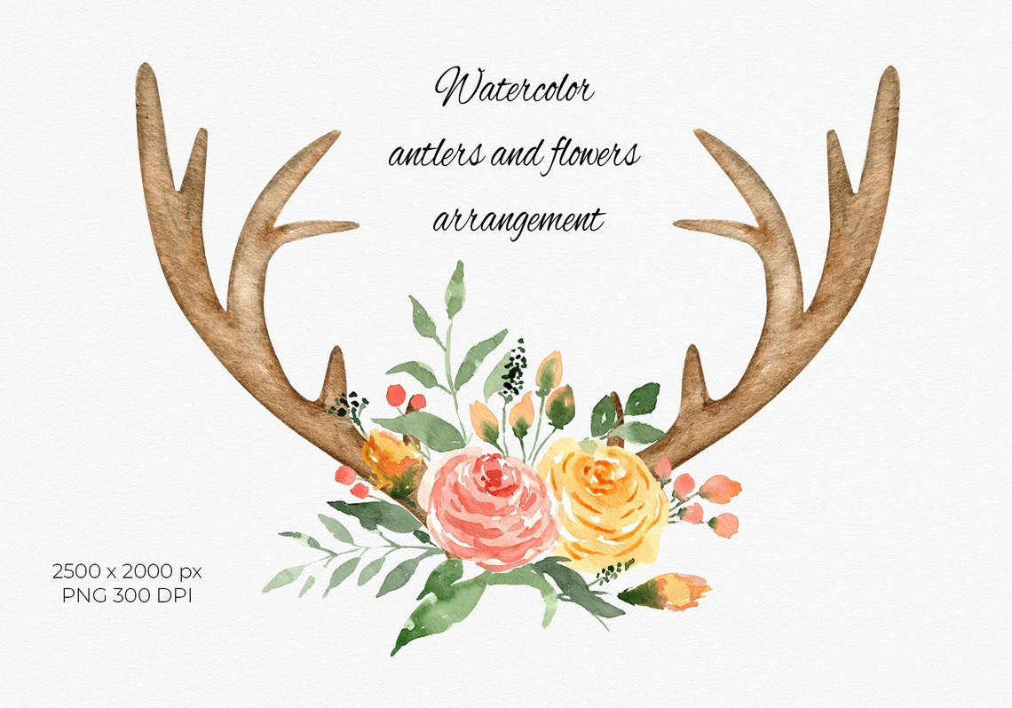 Watercolor Floral Antlers Clipart. Boho Deer Antlers, Horns Clipart ...