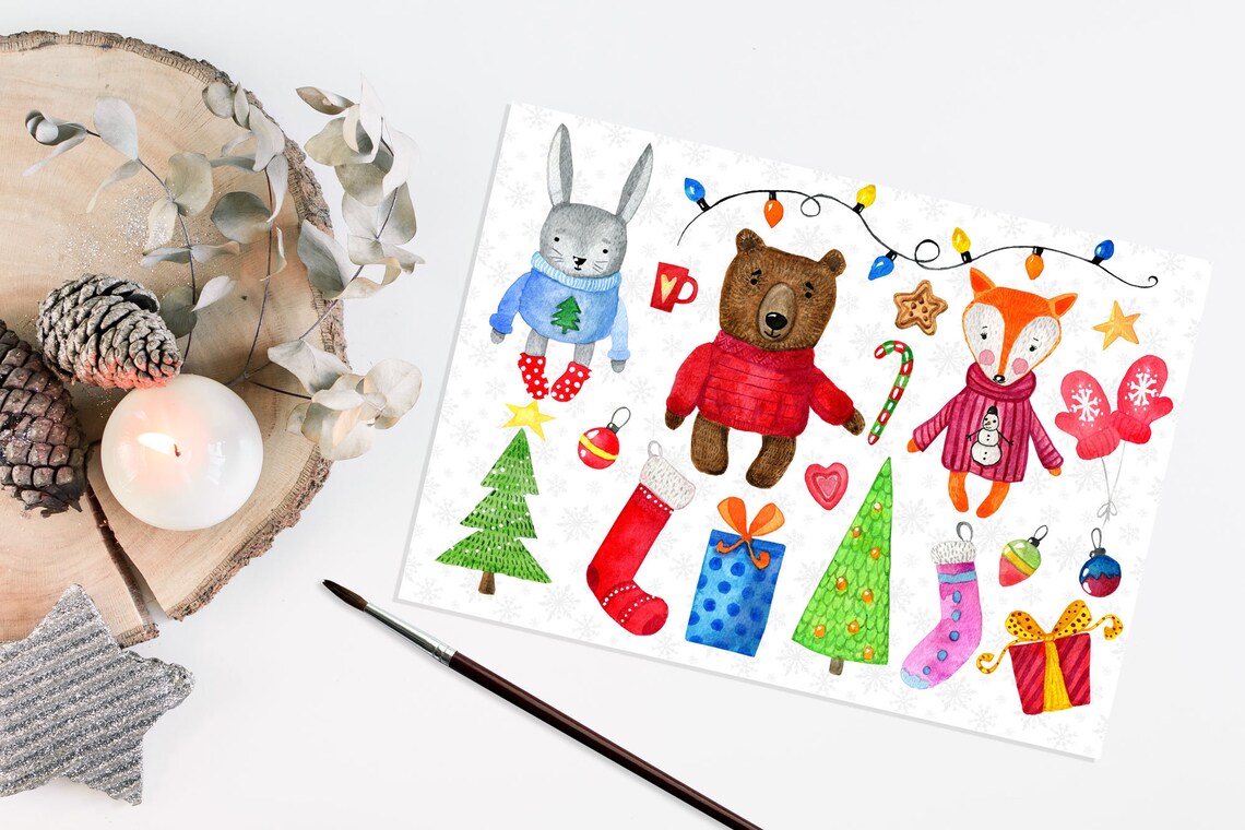 Christmas Woodland Animals Watercolor Clipart. Fox, Rabbit, Bear ...