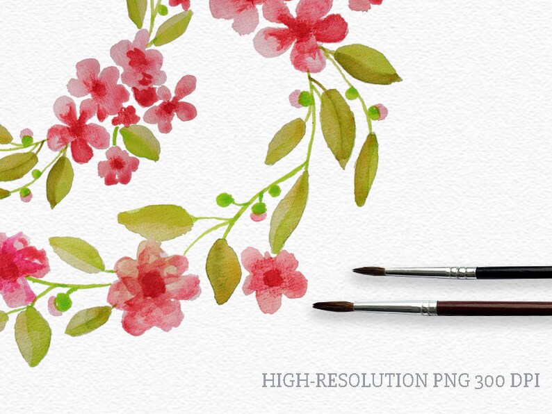 Hand Painted Blossom Watercolor Wreath Clipart. Red Green Wreath ...