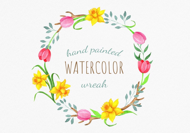 Easter Watercolor Clipart, Easter Tulips, Daffodils Wreath, Spring ...