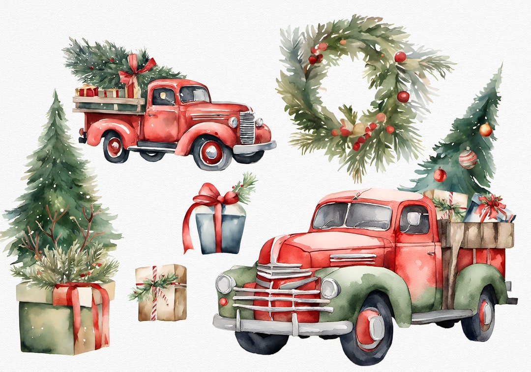 Watercolor Retro Christmas Trucks, Gifts, Trees and Balls Clipart PNG ...