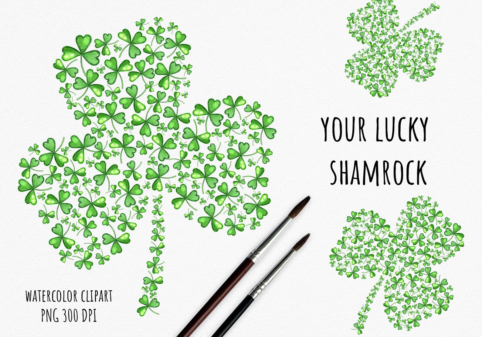 Green Lucky Shamrock, Watercolor Shamrock Clovers Clipart, St Patty's ...