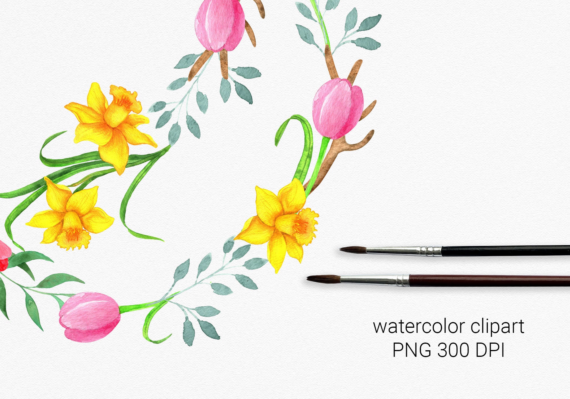 Easter Watercolor Clipart, Easter Tulips, Daffodils Wreath, Spring ...