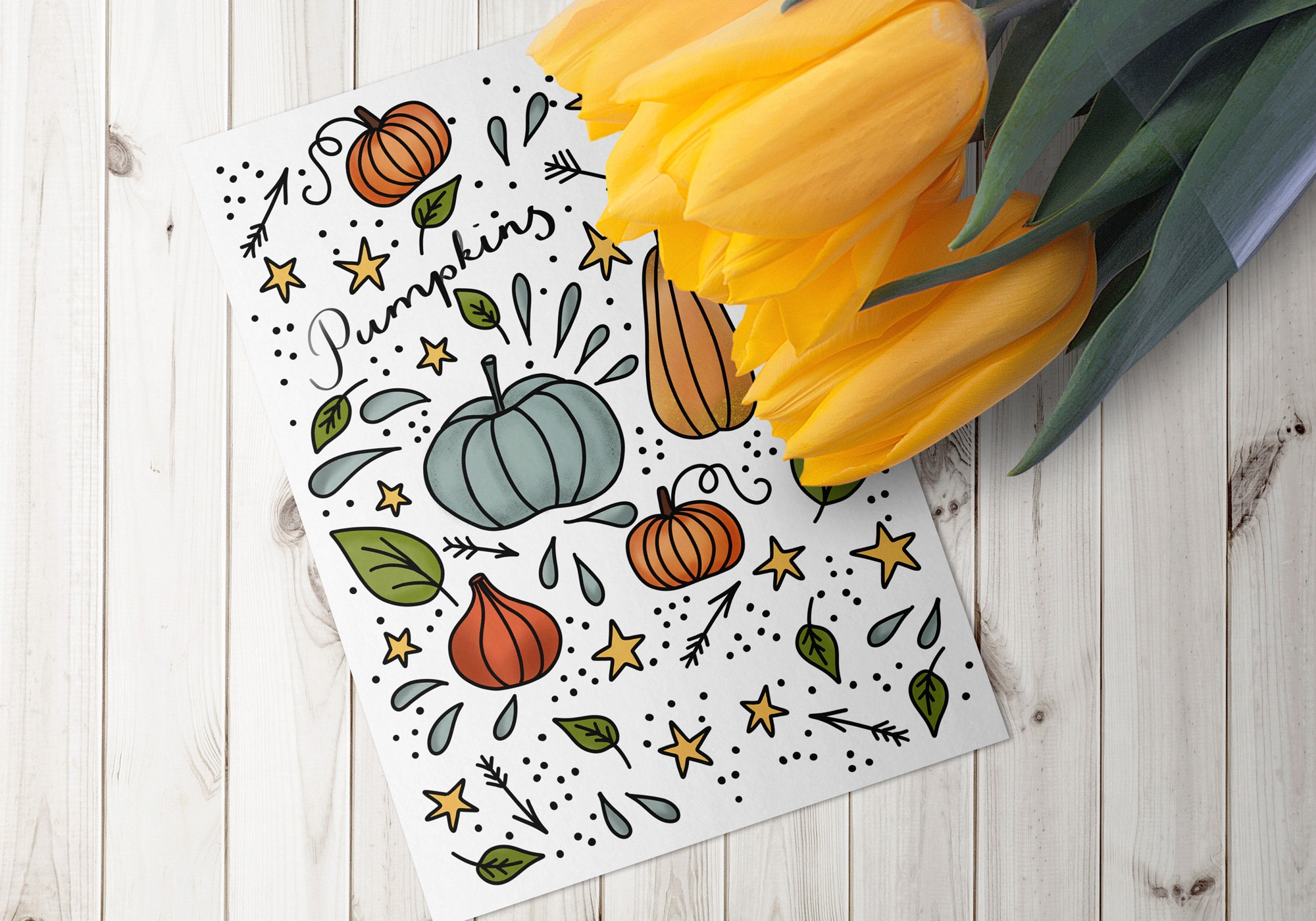 Fall Greeting Card, Printable Card, Pumpkin Farm Doodles Card, Pumpkins ...