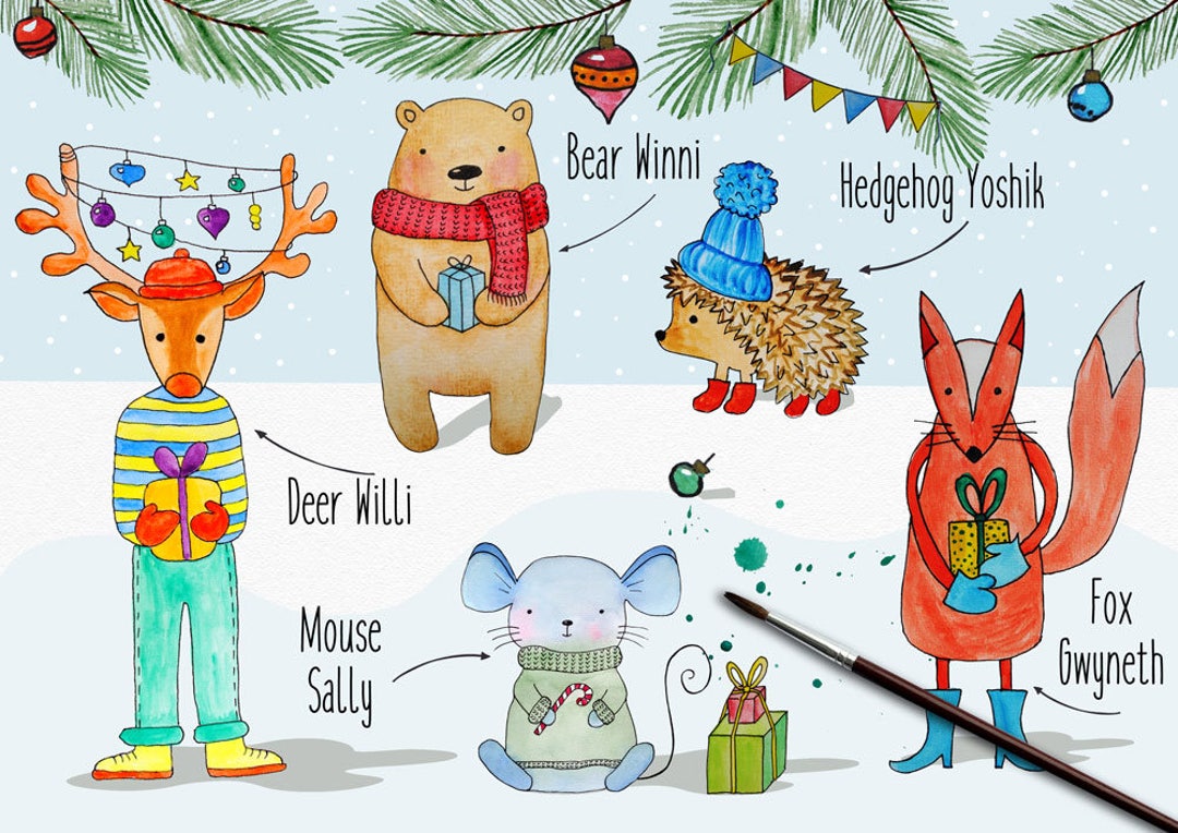 Christmas Woodland Animals Clipart. Hand Painted Watercolor Children ...