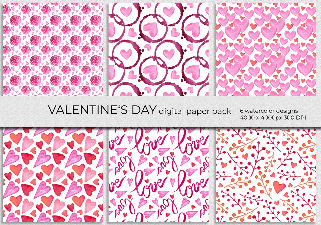 VALENTINE'S Wedding Watercolor Paper Pack Digital. Love Hearts Seamless ...