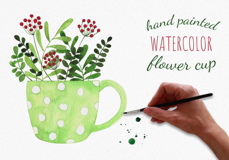 Flowers in the Cup Clipart. Green Cup With Dots Printable. Watercolor ...