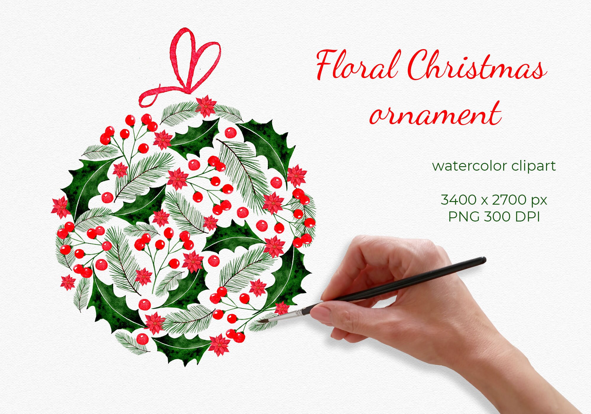 Christmas Ornament Clipart, Red and Green Watercolor Christmas Ball ...