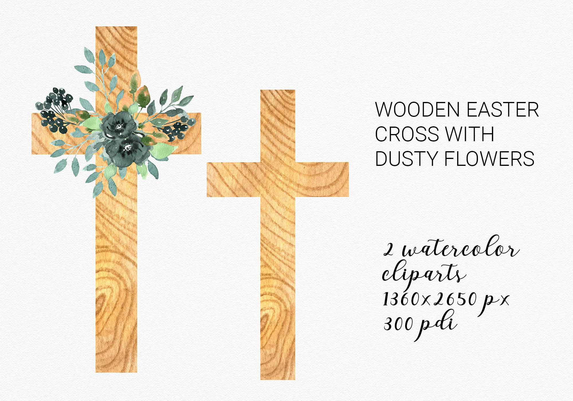 Watercolor Floral Cross Clipart, Wooden Cross PNG. Religious Easter ...