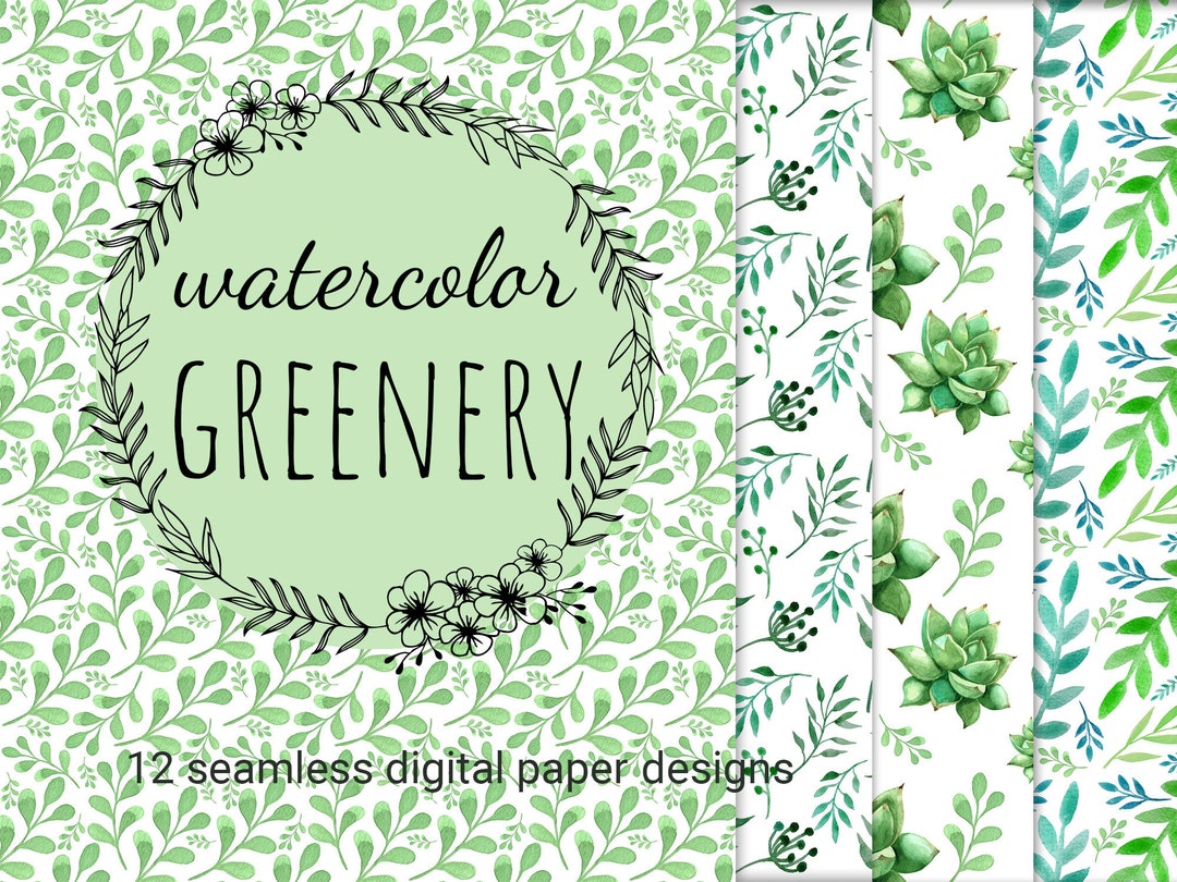 Watercolor Green Leaves and Branches Seamless Digital Paper for Instant ...