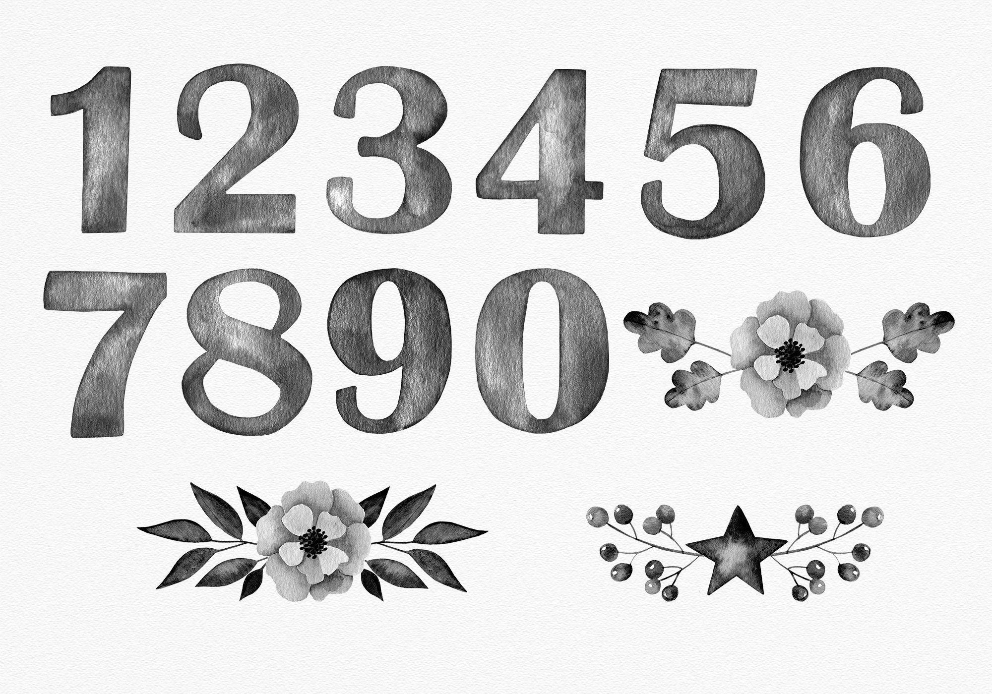 Black Watercolor Numbers Clipart. Numbers and Flowers | Etsy