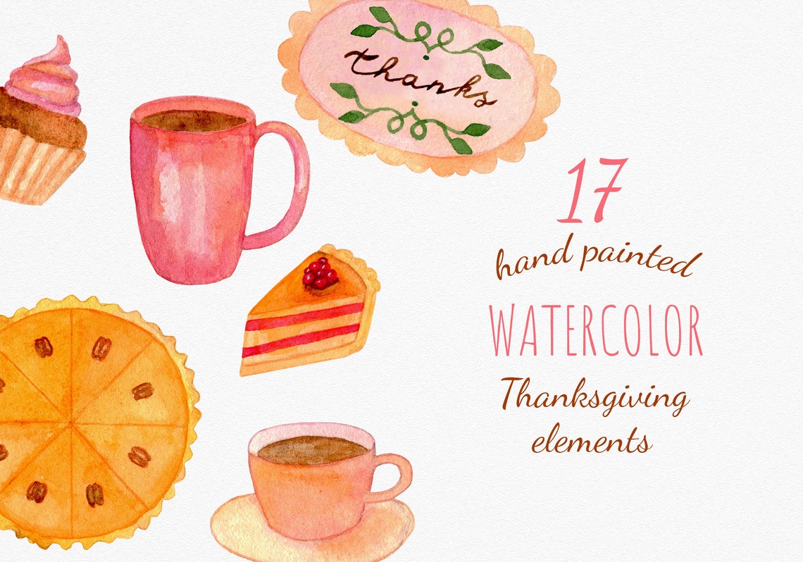 Thanksgiving Watercolor CLIPARTS. Pumpkin, Cake, Turkey, Cupcakes ...