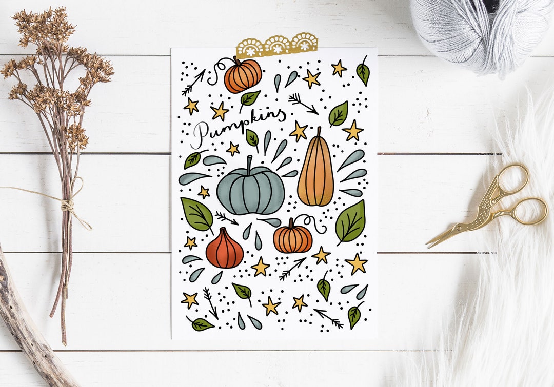 Fall Greeting Card, Printable Card, Pumpkin Farm Doodles Card, Pumpkins ...
