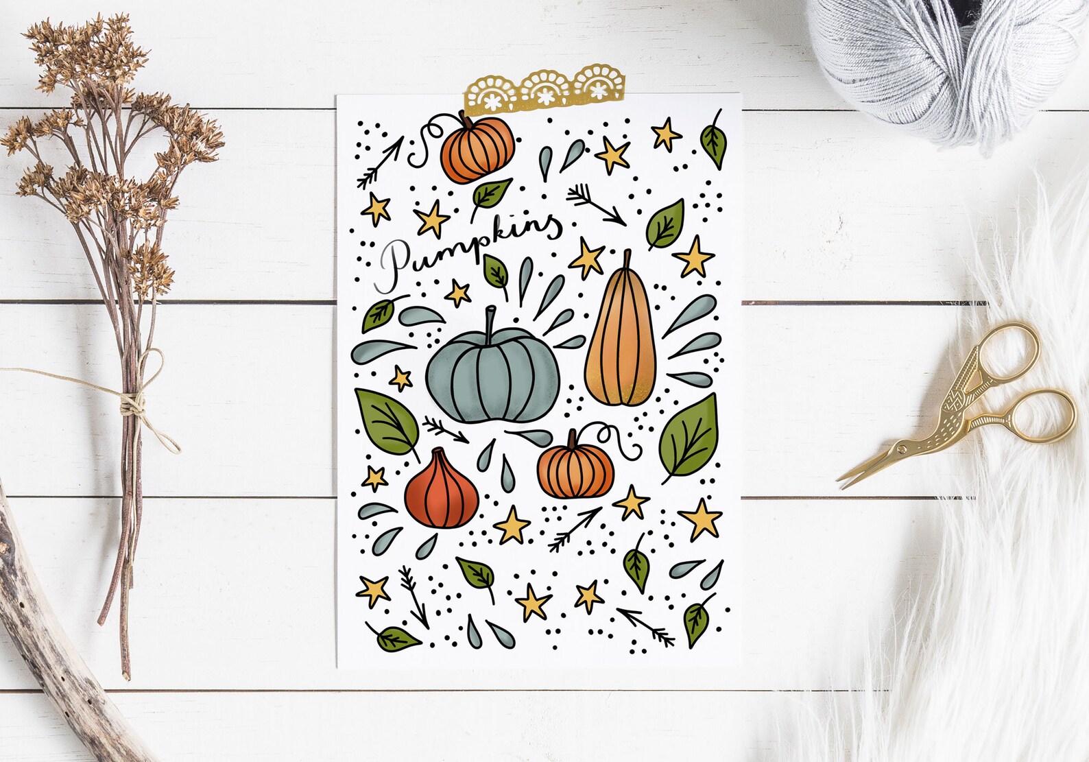Fall Greeting Card, Printable Card, Pumpkin Farm Doodles Card, Pumpkins ...