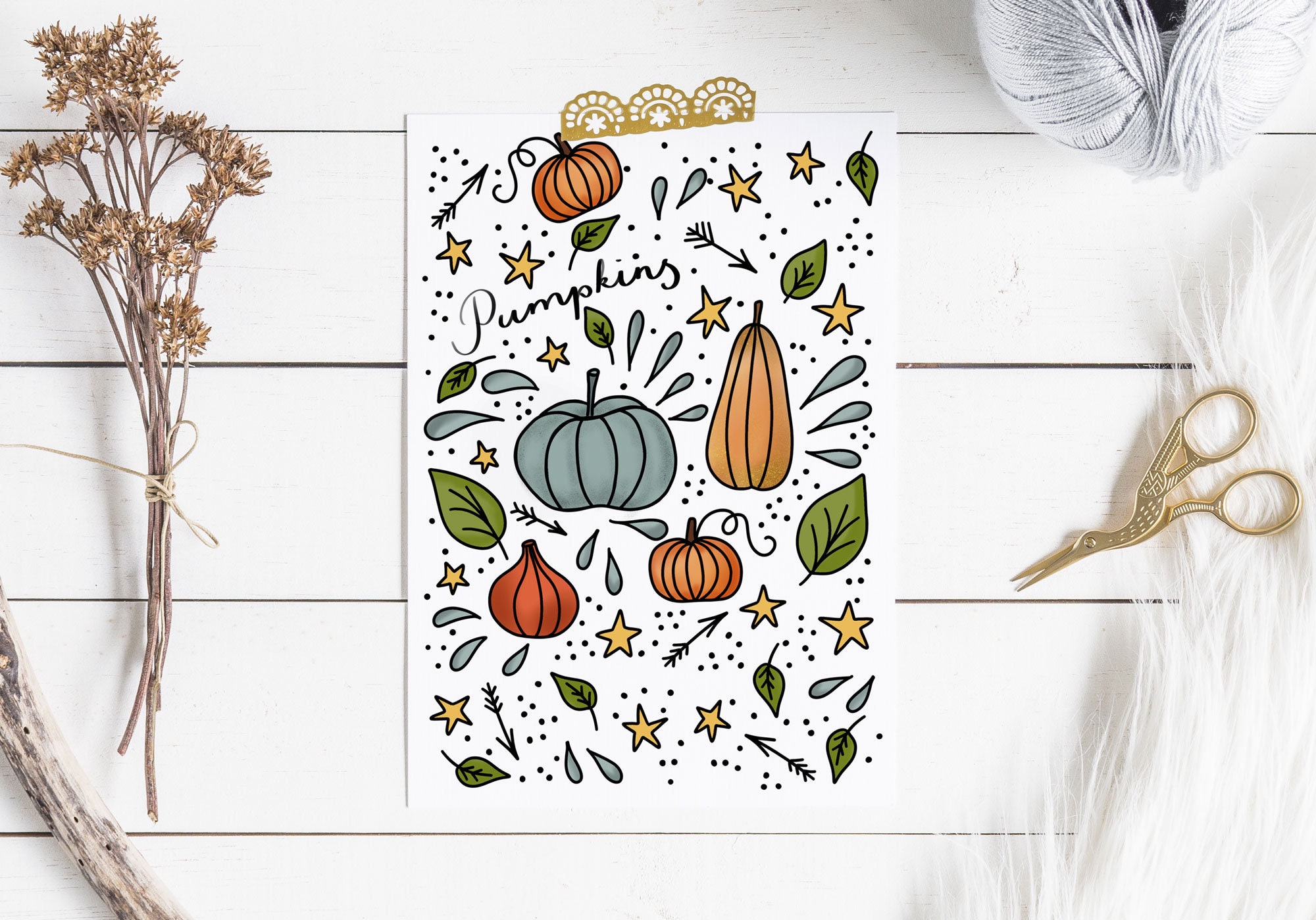Fall Greeting Card, Printable Card, Pumpkin Farm Doodles Card, Pumpkins ...