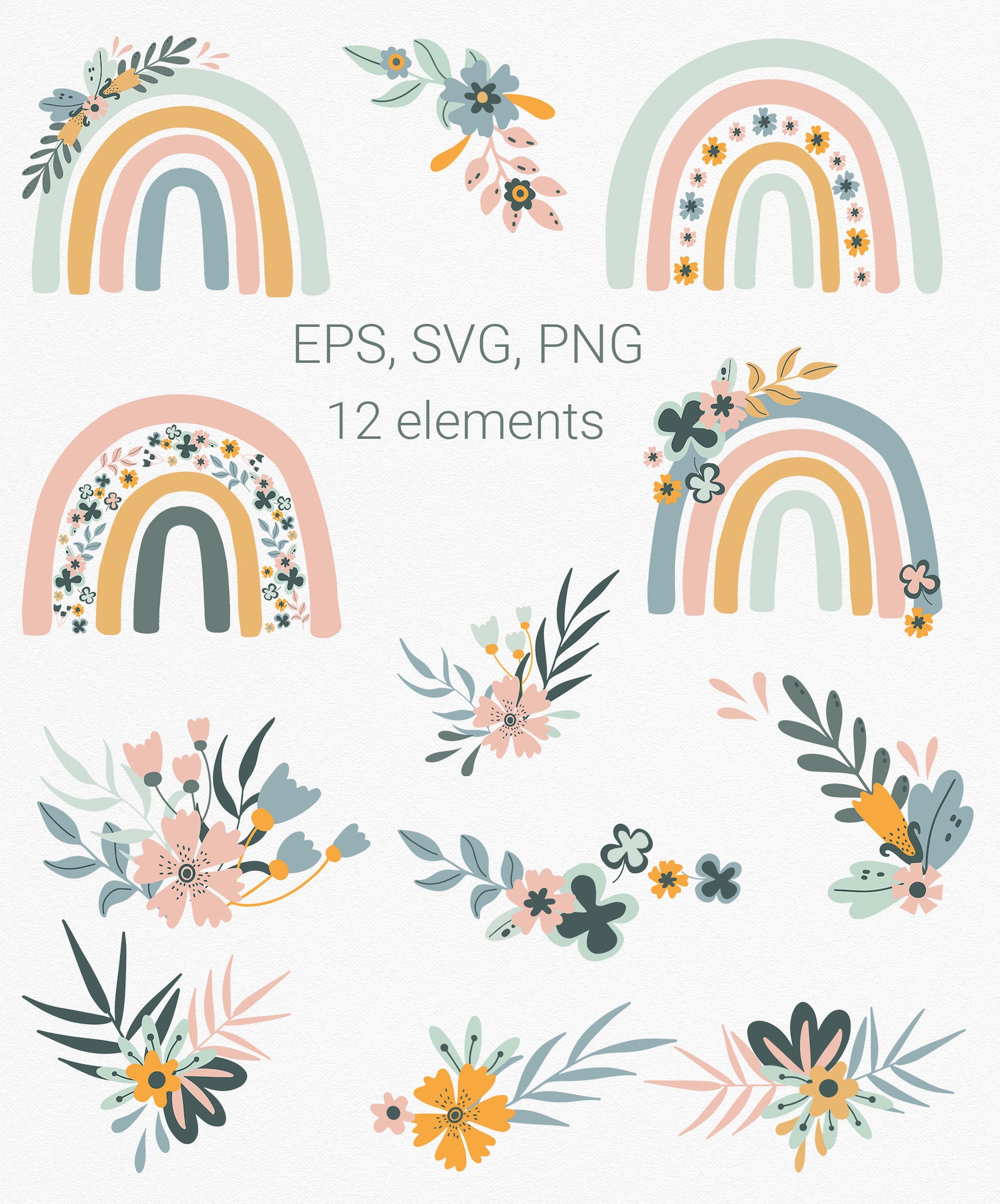 Boho Rainbow Floral Clipart Set, Natural Colors, Pastel Dusty Pink Blue ...