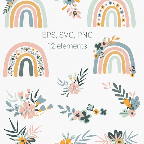 Boho Rainbow Floral Clipart Set Boho Rainbow Natural Colors - Etsy