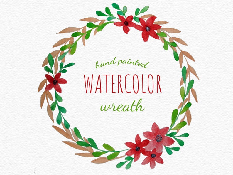 Red Flowers Watercolor Wreath Clipart. Hand Painted Red Green Wreath ...