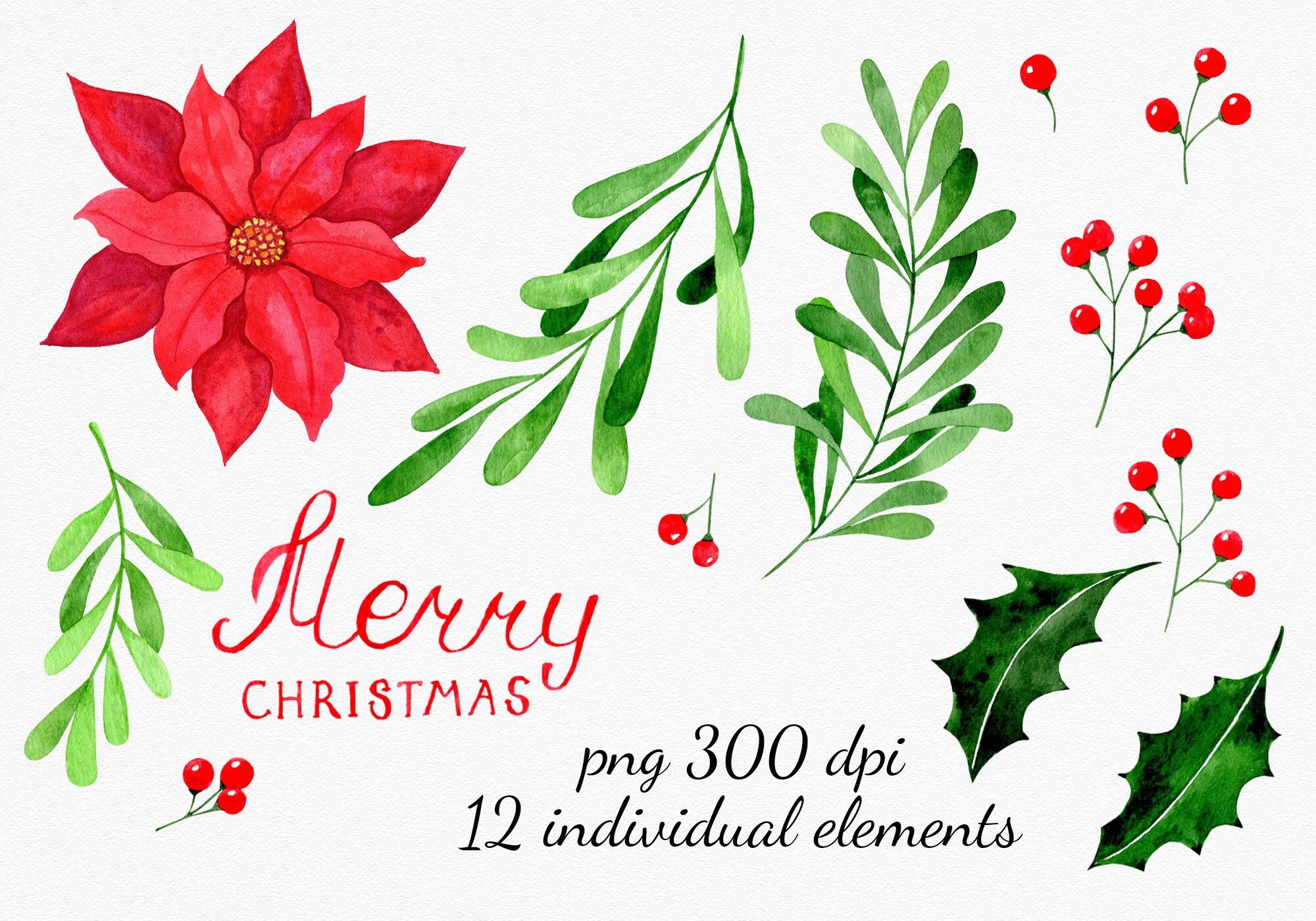Christmas Elements Clipart for Card DIY. Watercolor Holly, Mistletoe ...