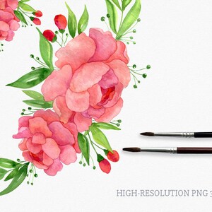 Watercolor Peony Wreath Clipart. Digital Pink Flowers Frame. Hand ...