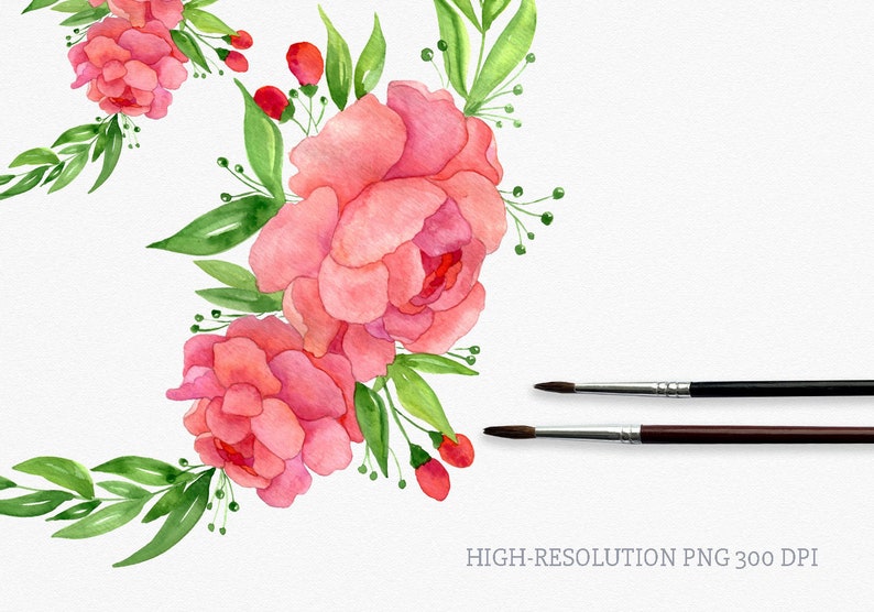 Watercolor Peony Wreath Clipart. Digital Pink Flowers Frame. Hand ...