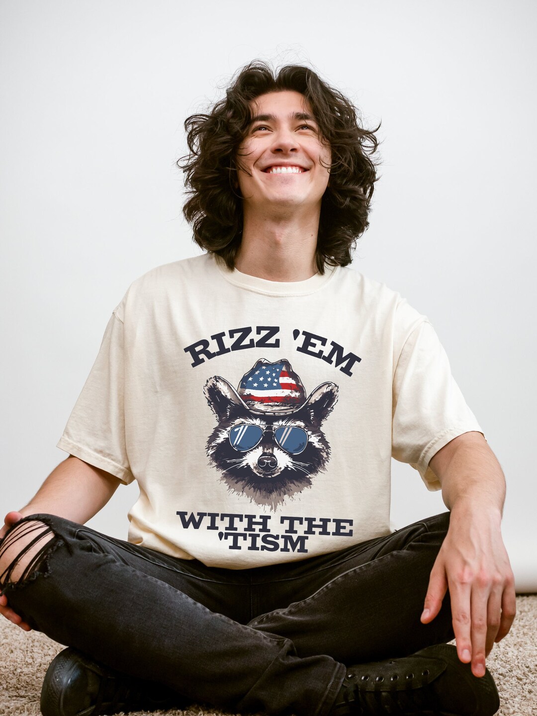 Patriotic Rizz Em With the Tism Raccoon Meme T-shirt, Vintage Country ...