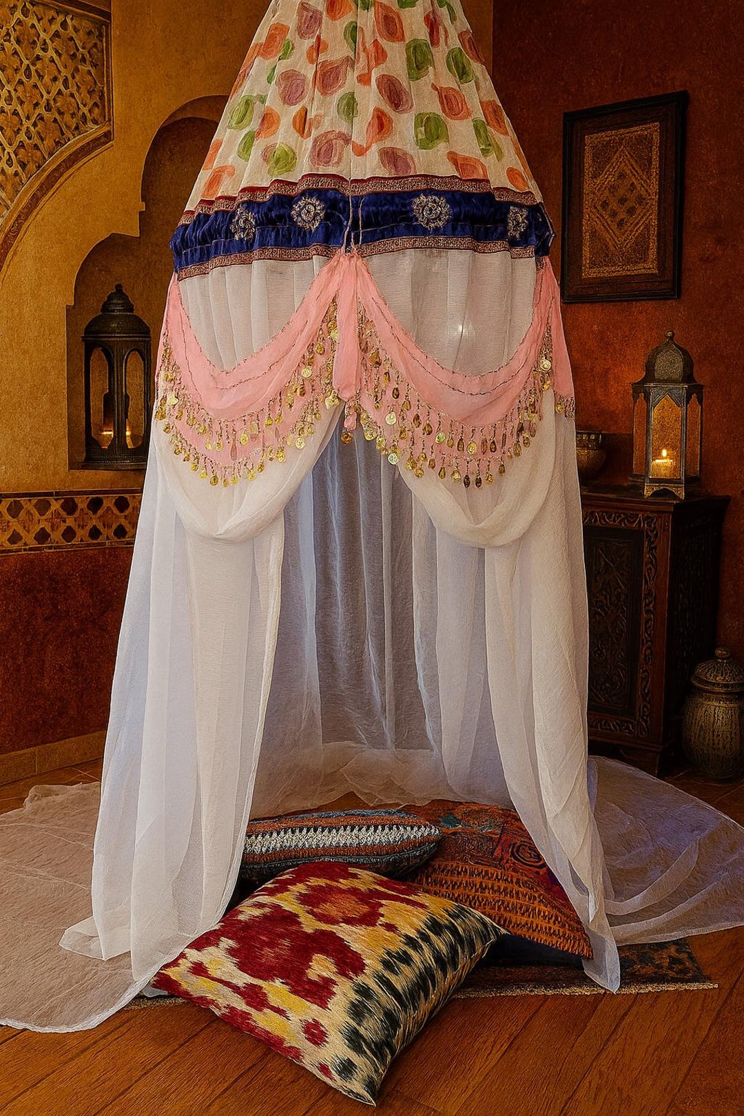Upcycled Sari Bed Canopy, Gold Coin Trim, Meditation Tent, Boho Decor ...